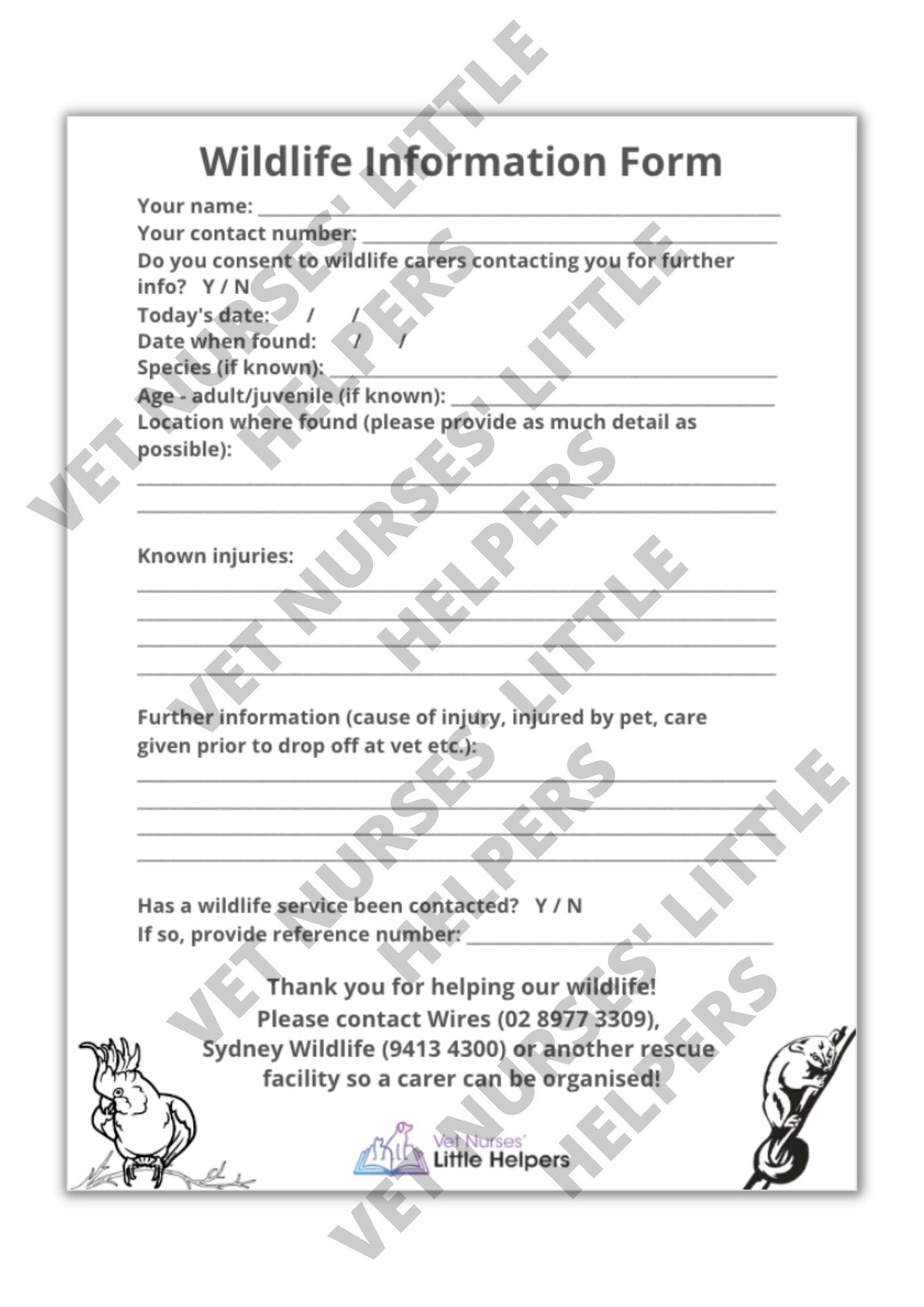 Wildlife Information Form - Vet Nurses Little Helpers
